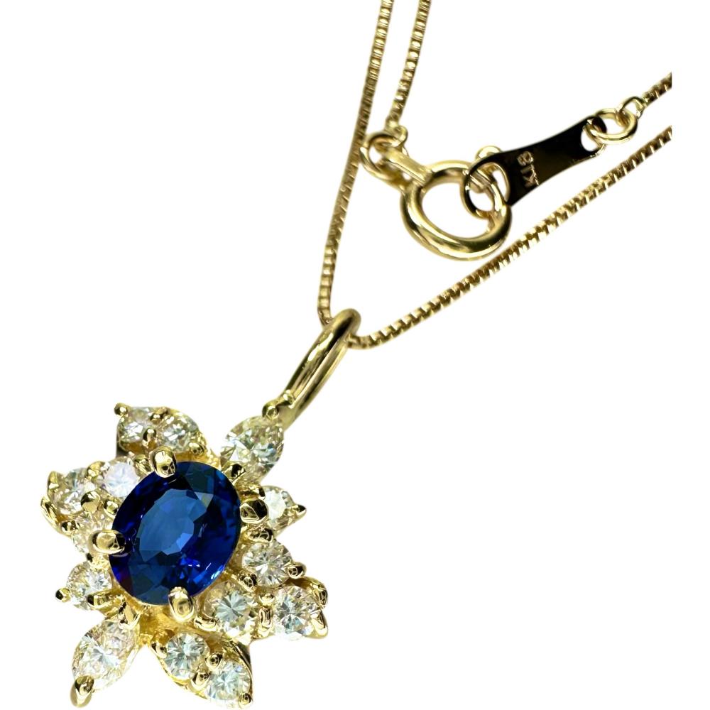 フラワーモチーフ サファイア 0.49ct ダイヤモンド 0.30ct ネックレス K18ゴールド 18金 3.0g 40cm レディース – 真子質店 PawnShopMAKO