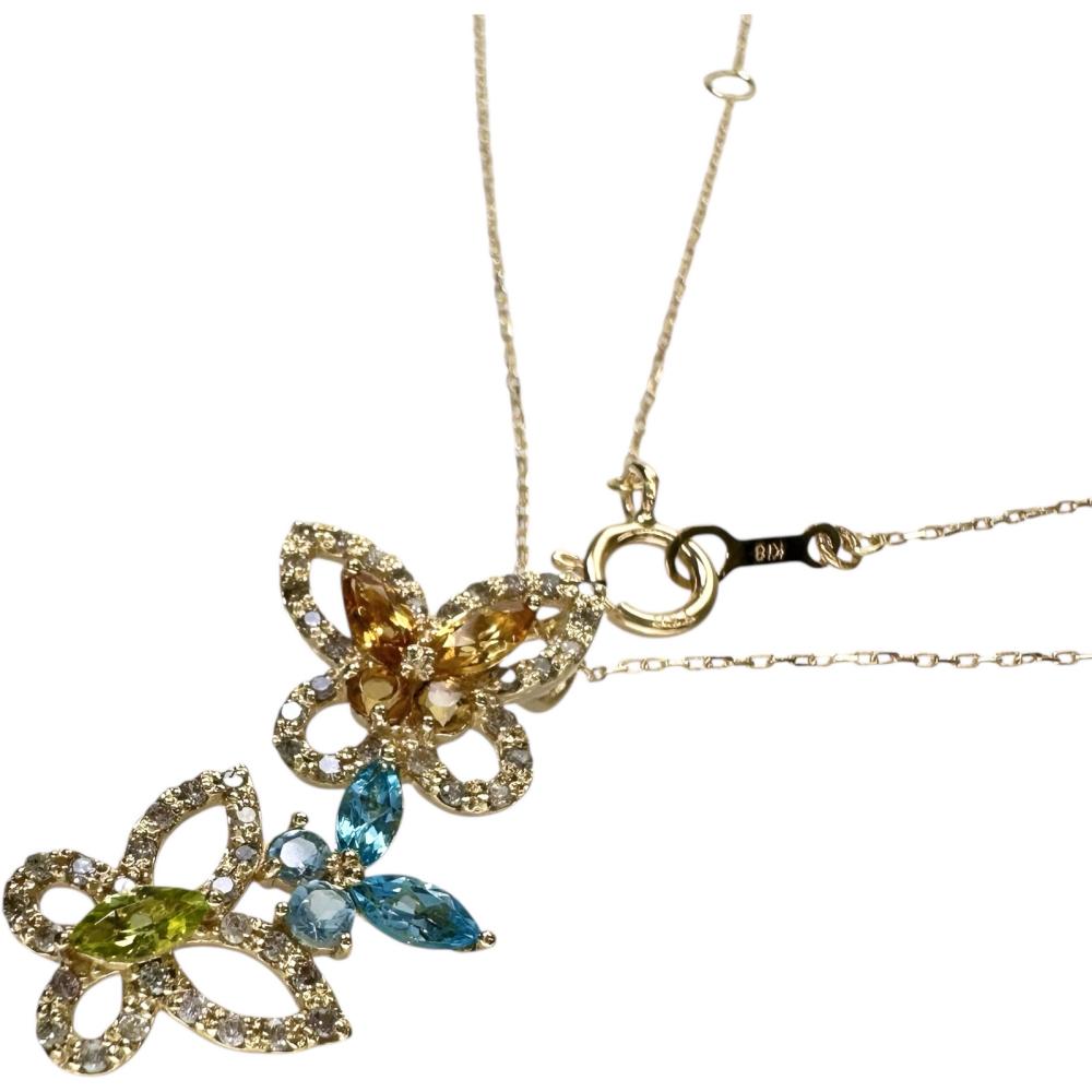 バタフライモチーフ シトリン/ブルートパーズ/ペリドット 0.50ct ネックレス K18ゴールド 18金 2.1g 45.5cm レディー ...